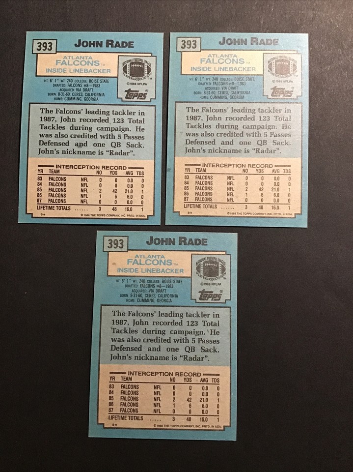 1988 Topps Football #393 John Rade - LOT Of 3 Cards - NM-MINT - 6707 | eBay