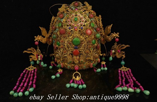 14" Old Dynasty Copper Gold Gilt Gems Phoenix Bird imperial royal crown ...