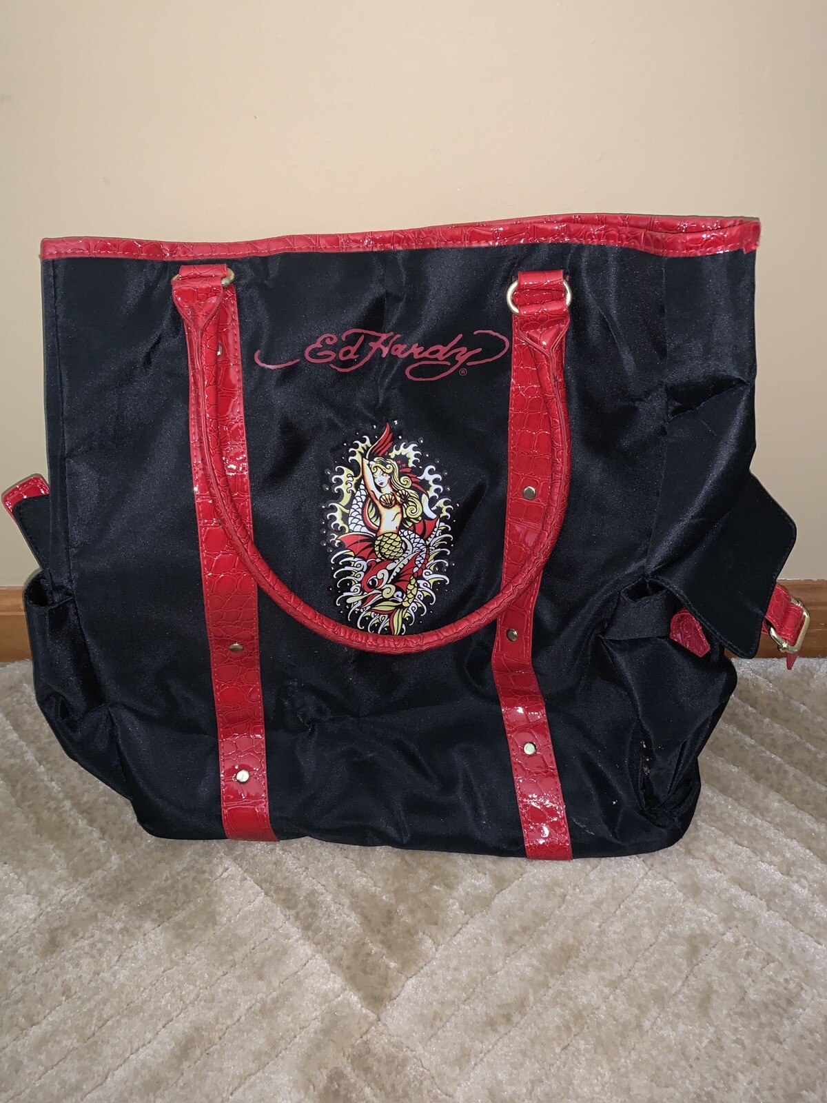 ED HARDY Mermaid Print Black w/ Red Straps TOTE Hand Bag Purse | eBay