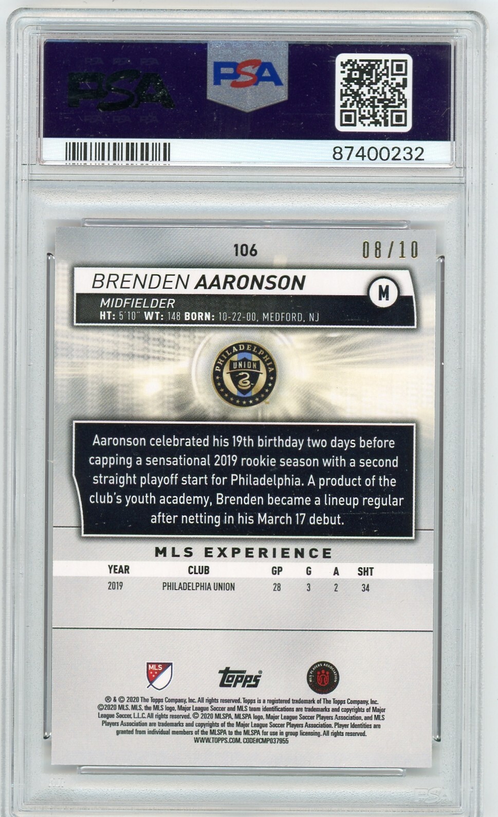 2020 TOPPS MLS BRENDEN AARONSON ROOKIE CARD RC PHILADELPHIA UNION RED ...