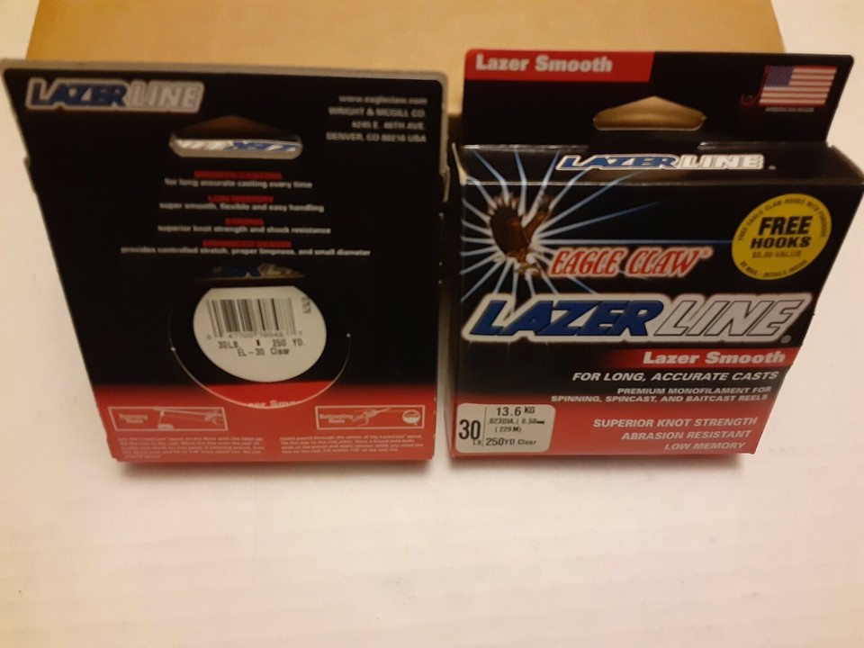 2 Spools 30 lbs Test Laser Line clear Made In The USA Eagle Claw 250 Yd ...