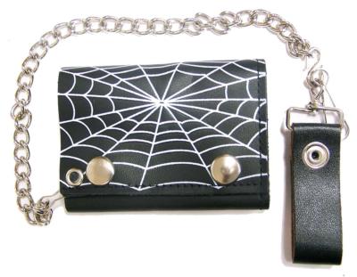 GENUINE LEATHER SPIDER WEBS TRI-FOLD MEN WALLET W SNAP ON CHAIN GI607 ...