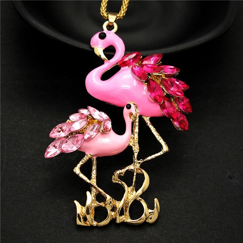 Fashion Women Cute Rose Red&Pink Crystal Double Flamingo Pendant Chain ...