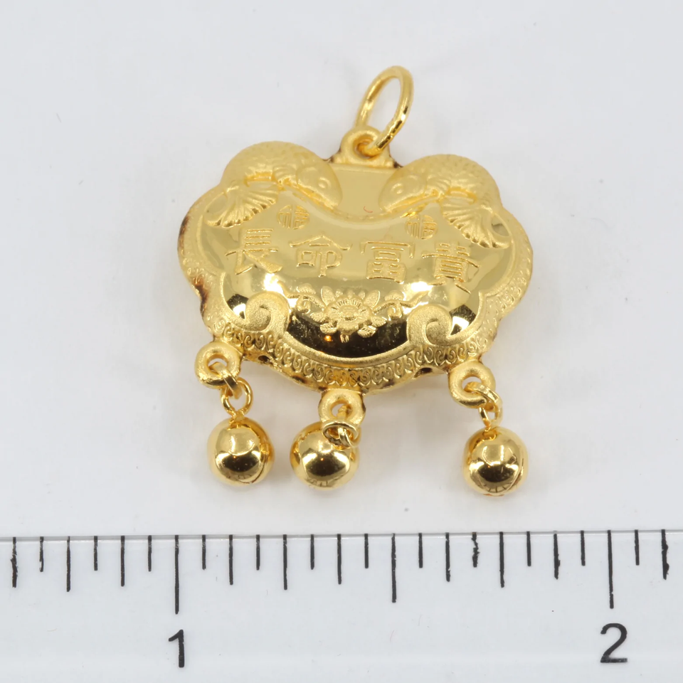 24K Solid Yellow Gold Baby Puffy Sheep Longevity Lock with Bells Hollow ...