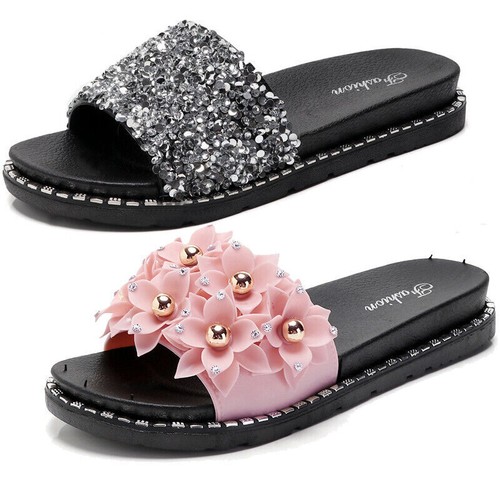 Summer Ladies Pearl Flower Sequin Slides Flat Bling Sliders Sandals ...