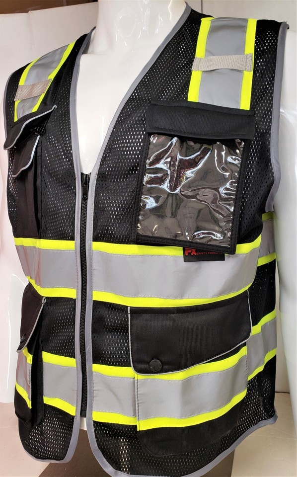Hi Visibility Reflective Black Safety Vest with multiple pockets & ID ...