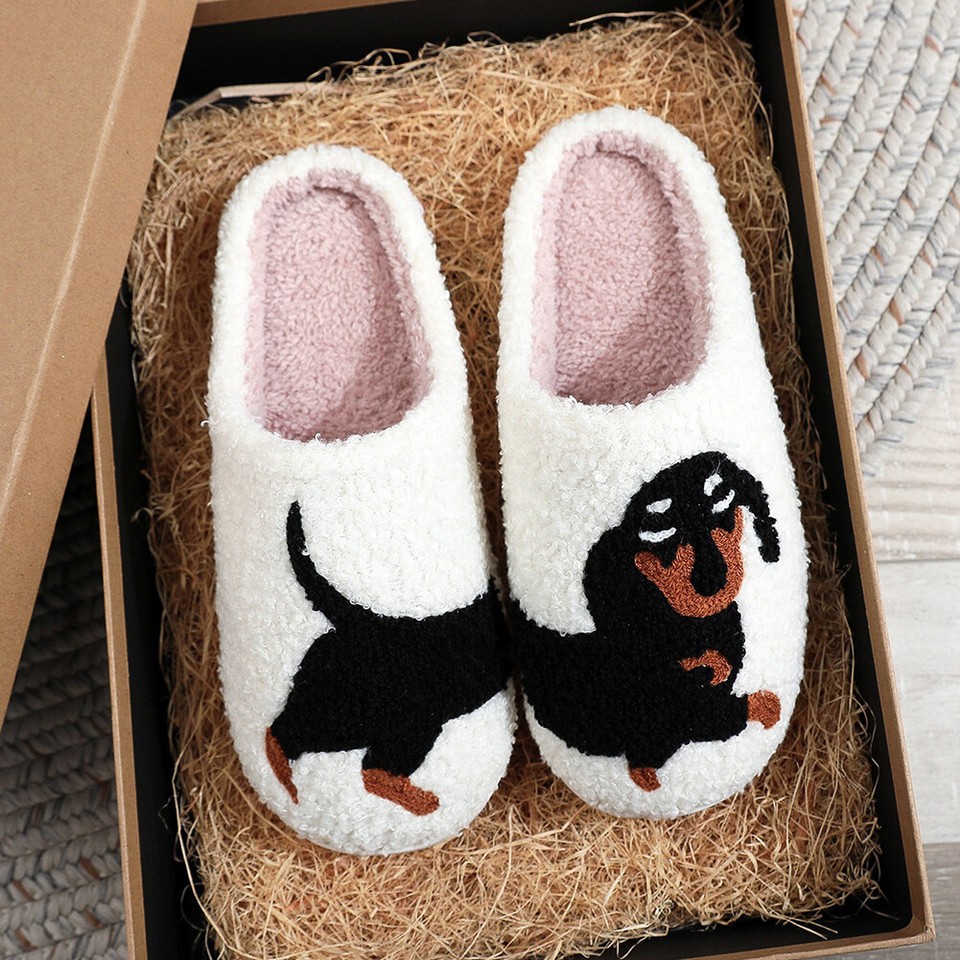 Fuzzy Dog Slippers Plush Dachshund Slippers Cute Fluffy Home Slippers ...