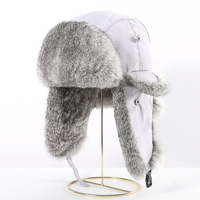 Unisex Winter Natural Rabbit Fur Hats Russian Earflaps Trapper Cap Warm ...