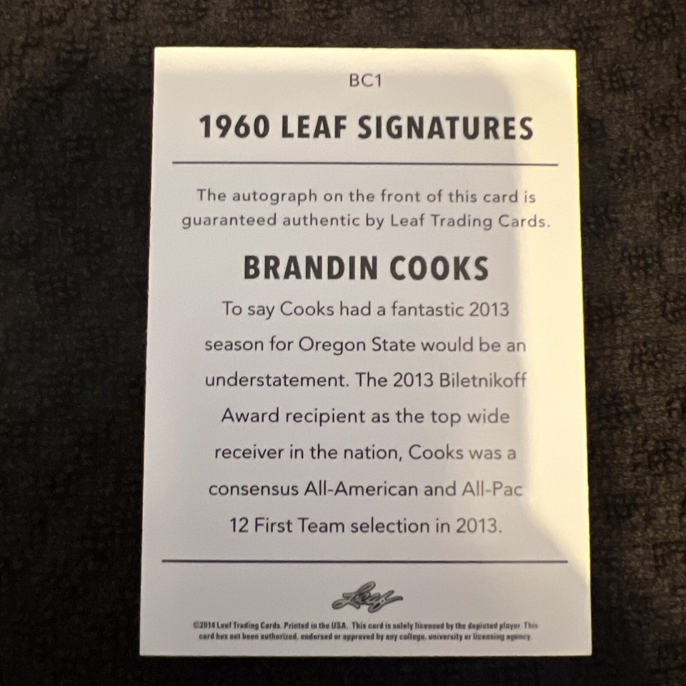 Brandin Cooks Cowboys Auto Autograph 2014 Leaf 1960 Signatures Rookie ...