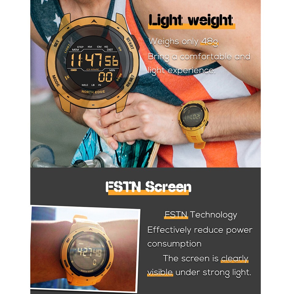 NORTH EDGE MARS Digital Sports Watch Wrist watch FSTN Screen Distance ...