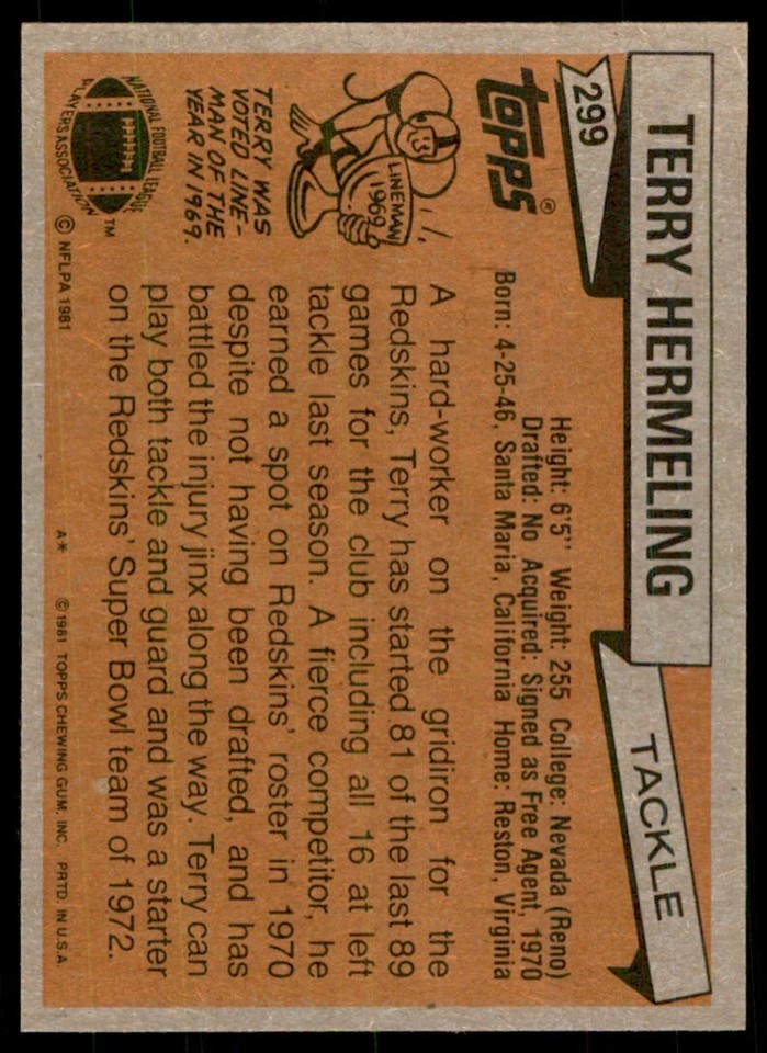 1981 TOPPS TERRY HERMELING- WASHINGTON REDSKINS #299 | eBay