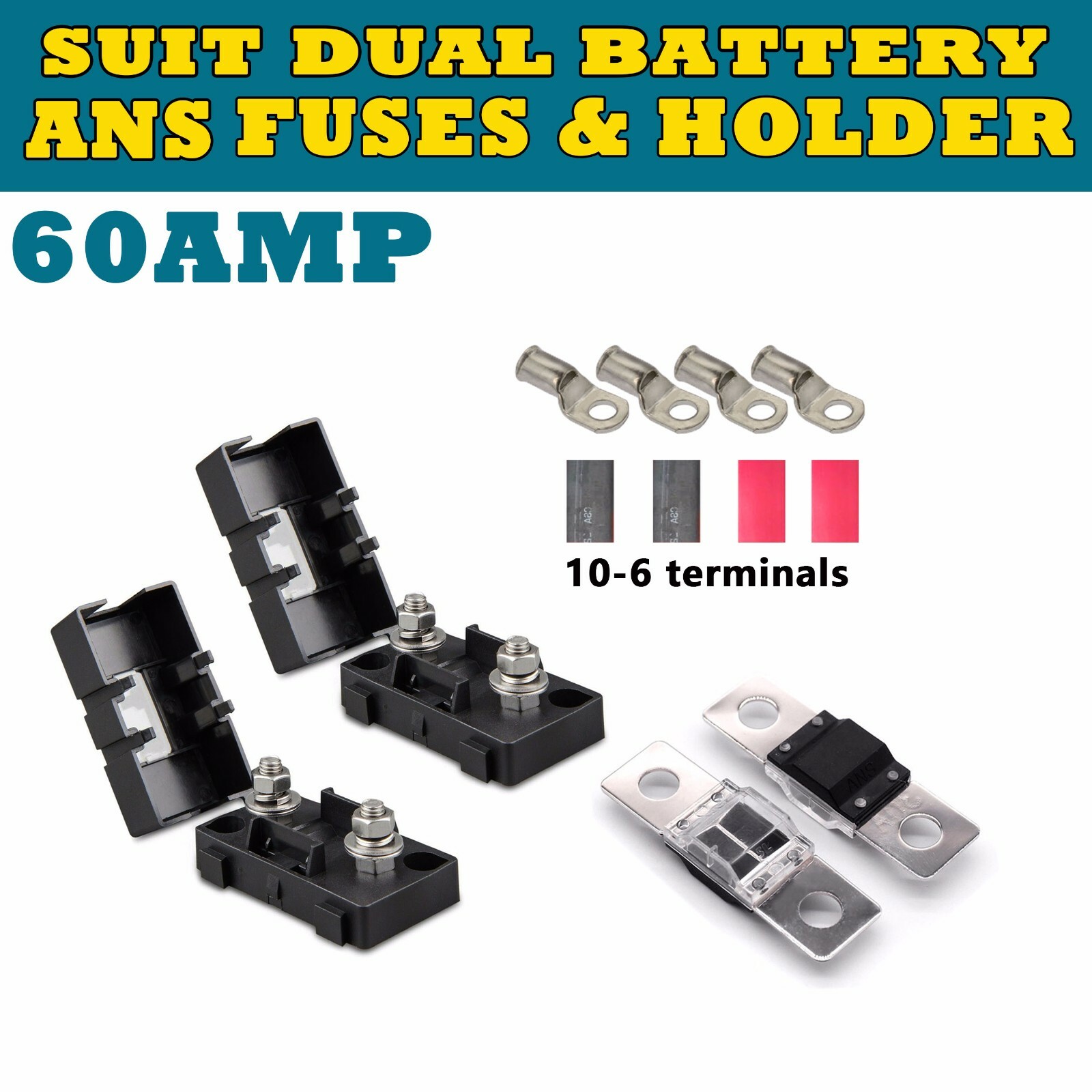 HOLDERS + 60A ANS MIDI FUSES CABLE LUGS FOR DUAL BATTERY OR SOLAR BOLT ...