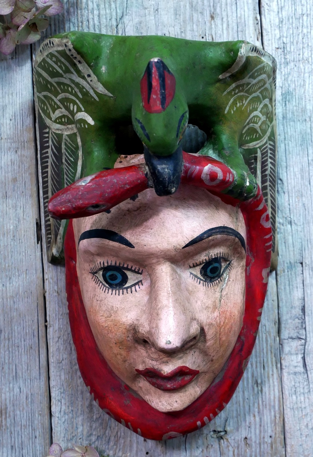 Parrot or Eagle & Snake Human Face Mask Wood Folk Art Collectible