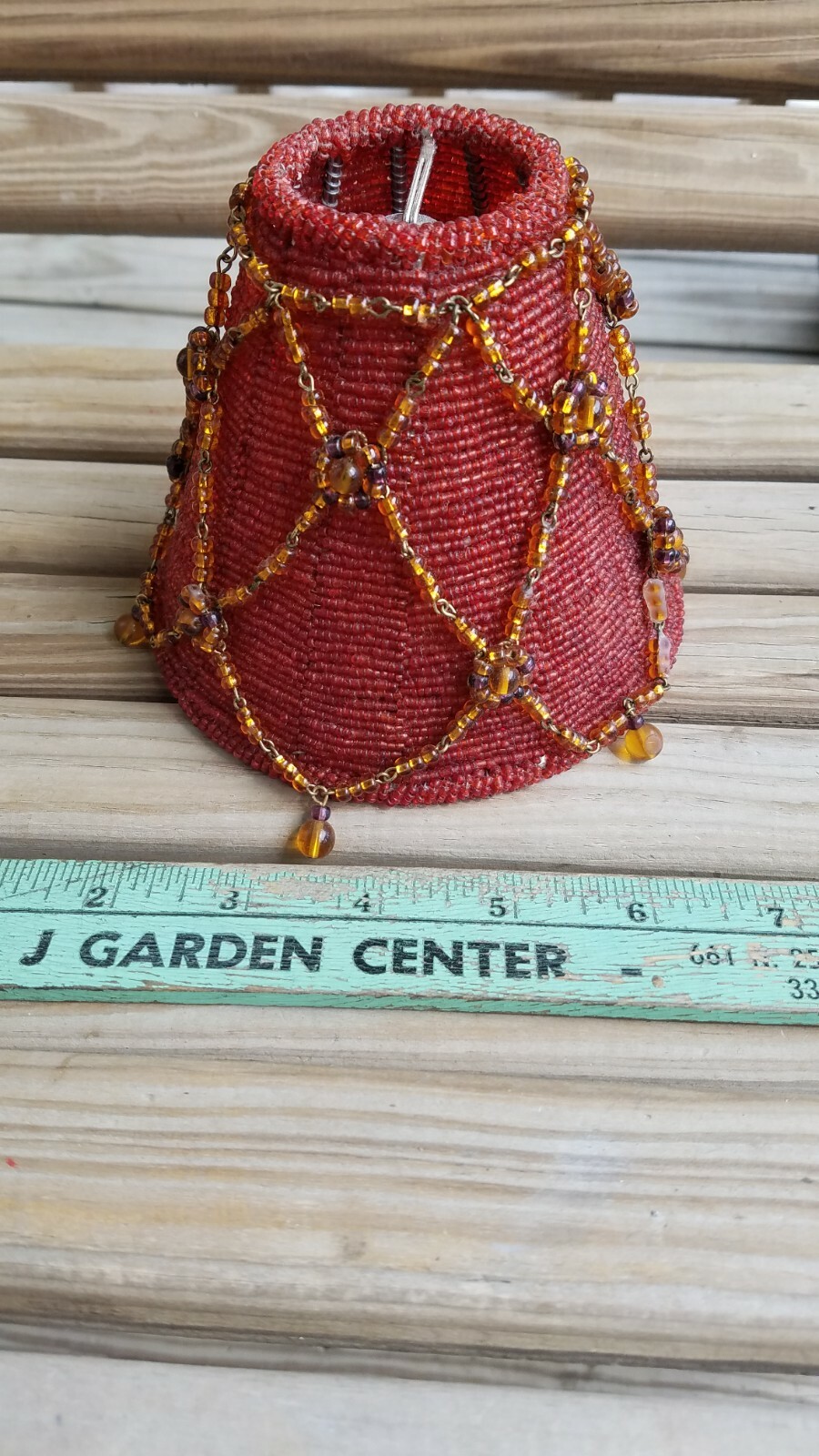 Small Beaded Lamp Shade Red Seed Beads with Amber Bead Overlay | eBay