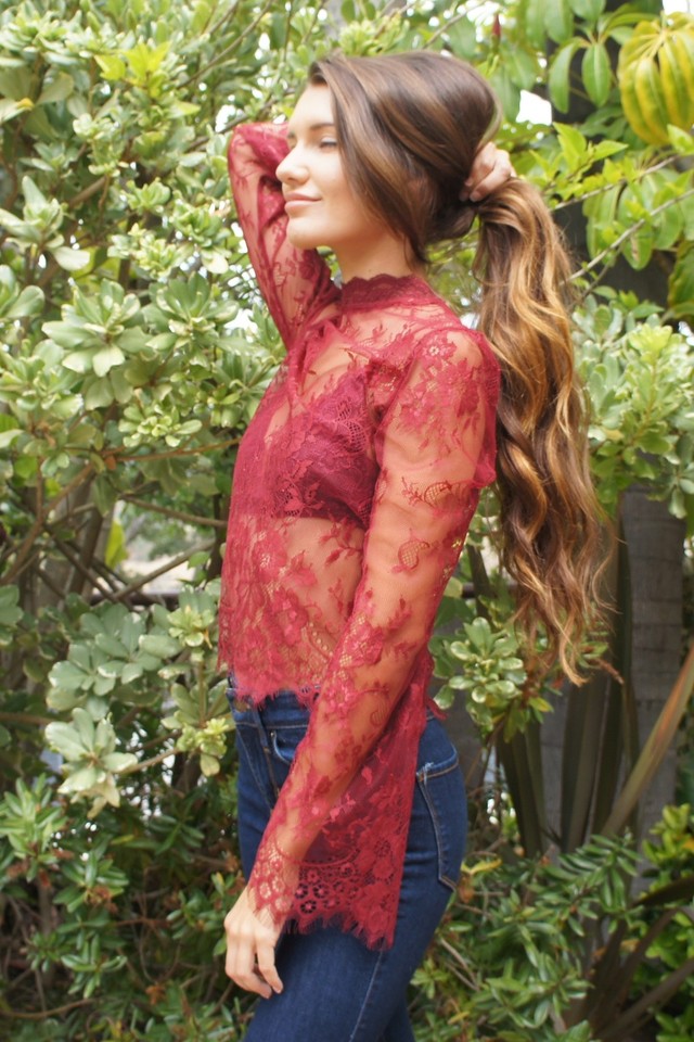 Sheer Floral Lace Top | Long Sleeve | S M L | Black Blue Red Pink IRIS ...