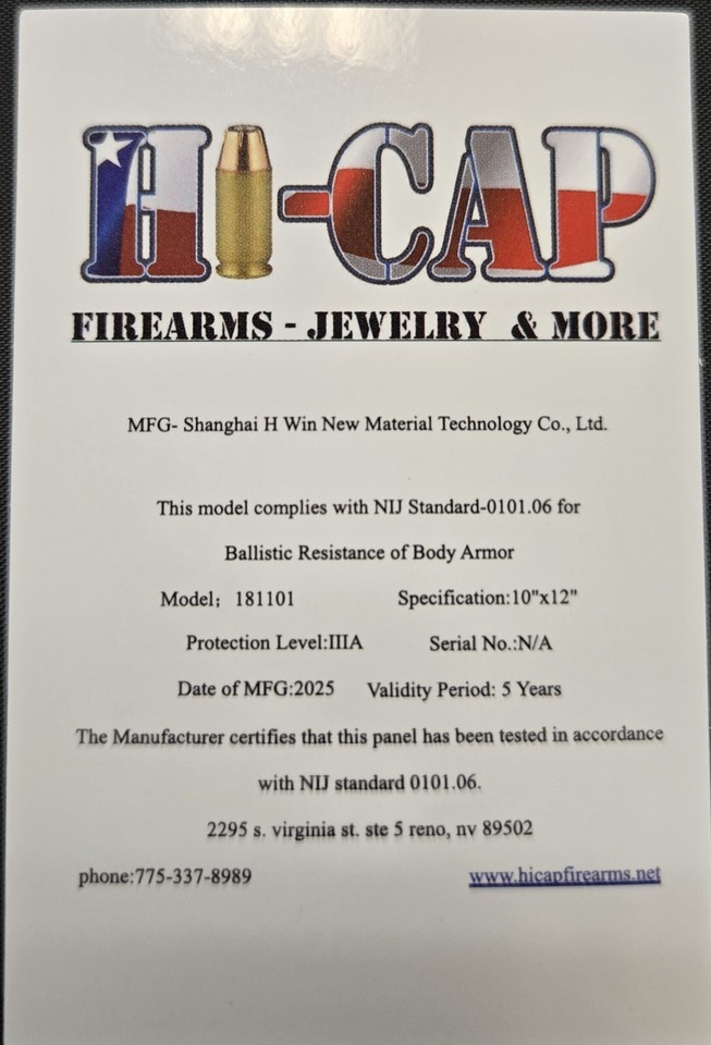 HI-CAP FIREARMS 10”x12” LEVEL IIIA 3A SOFT BALLISTIC PLATE SAPI CUT ...