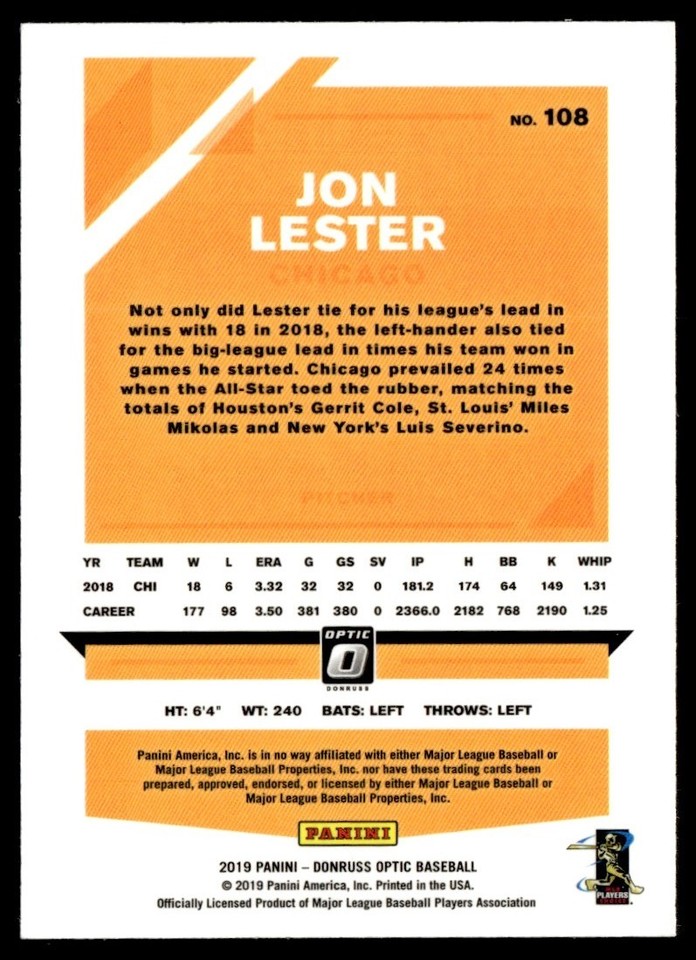 2019 Donruss Optic Jon Lester Chicago Cubs #108 | eBay
