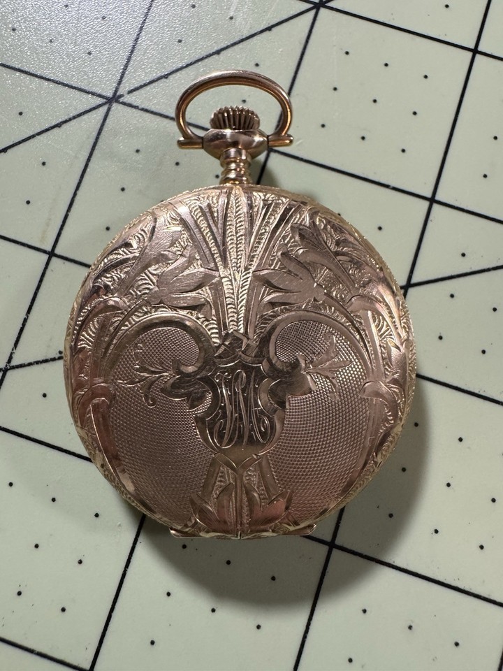 WALTHAM-14K-Yellow Gold Etched Pattern Case 15 Jewel Pocket Watch A.W.W ...