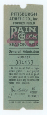Forbes Field Season Box Rain Check ~ 1960s Pittsburgh Pirates Vintage ...