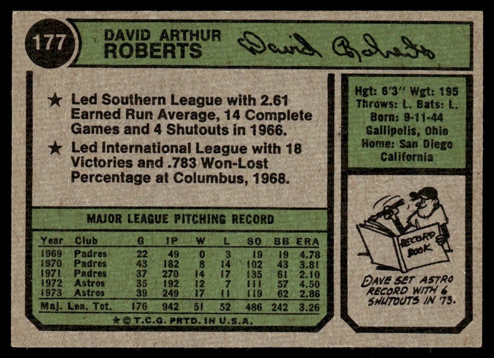 1974 Topps Card Baseball Dave Roberts Houston Astros #177 EX-MT | eBay