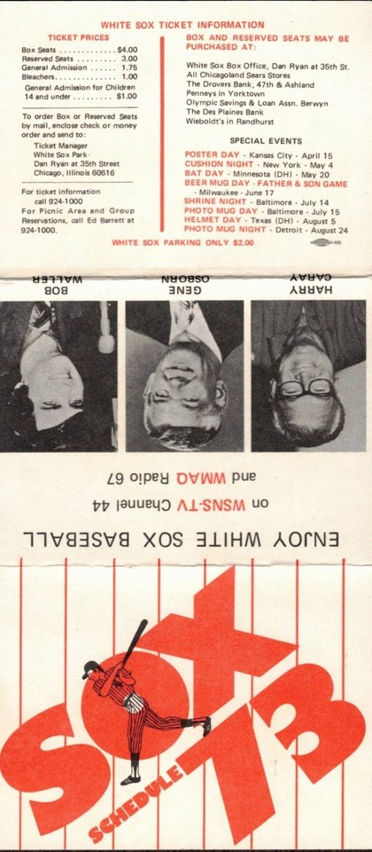 1973 CHICAGO WHITE SOX POCKET SCHEDULE EVENT & TICKET INFO WMAQ / WSNS ...