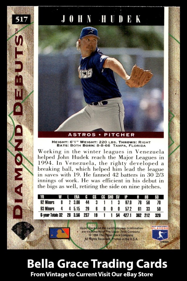 1994 Upper Deck John Hudek #517 Houston Astros Rookie Diamond Debuts | eBay