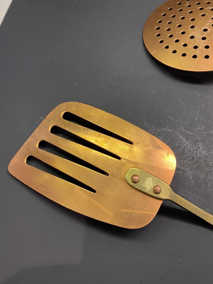 VTG Copper & Brass 3 Hangable Kitchen Utensils Spatula Ladle Strainer ...