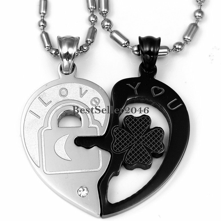 2pcs His&Hers Matching Heart Love Key Pendant Stainless Steel Couple ...