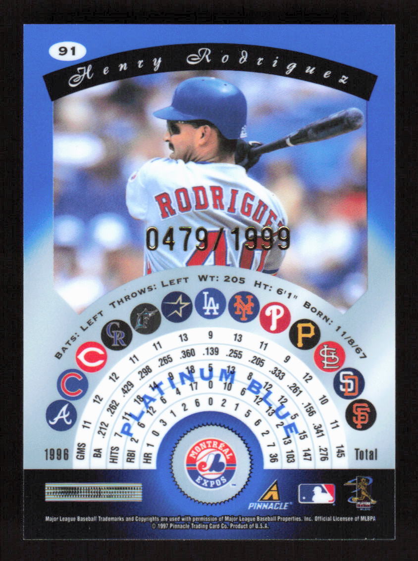 1997 Pinnacle Totally Certified Platinum Blue #91 Henry Rodriguez Expos ...