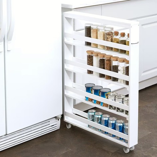 Slim Wooden Rolling Spice Can Rack Cart Space Saver Storage Kitchen ...