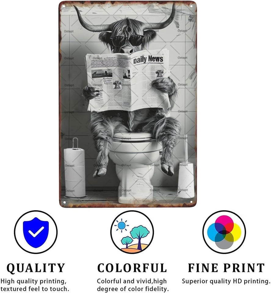 Highland Cow Is Reading Newspaper Vintage Metal Signs in Toilet Tin ...