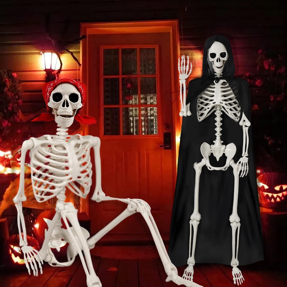 5.4ft Skeleton Halloween Decor, Life Full Size Posable Skeleton with ...