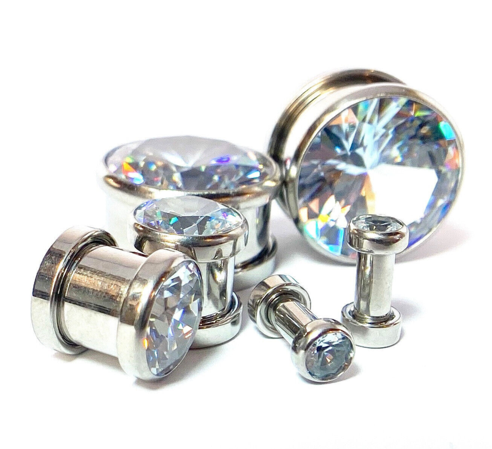 PAIR Large Gem Screw Fit Tunnels Ear Plugs Gauges Pierced Piercing Body ...