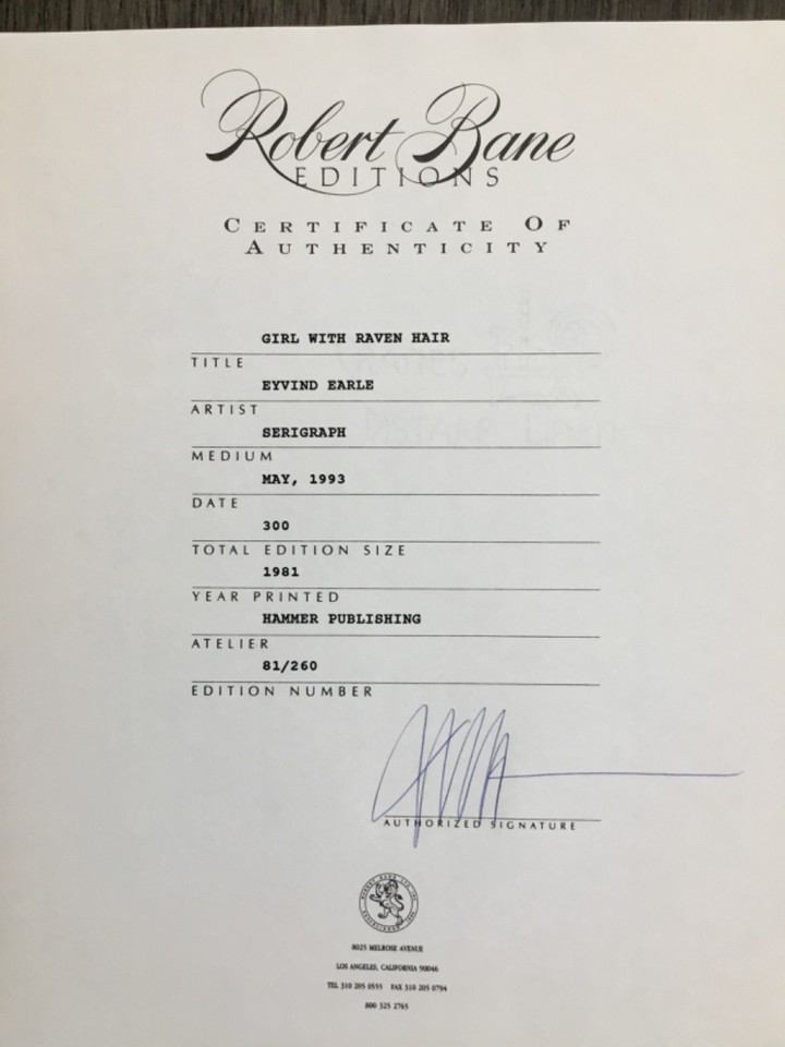 EYVIND EARLE Signed 1981 Original Color Lithograph - "Girl with Raven ...