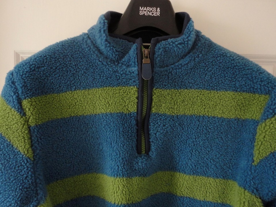 M&S Indigo Boy Funnel Neck Stripe Borg Fleece Top, Green Mix, 11-12 ...