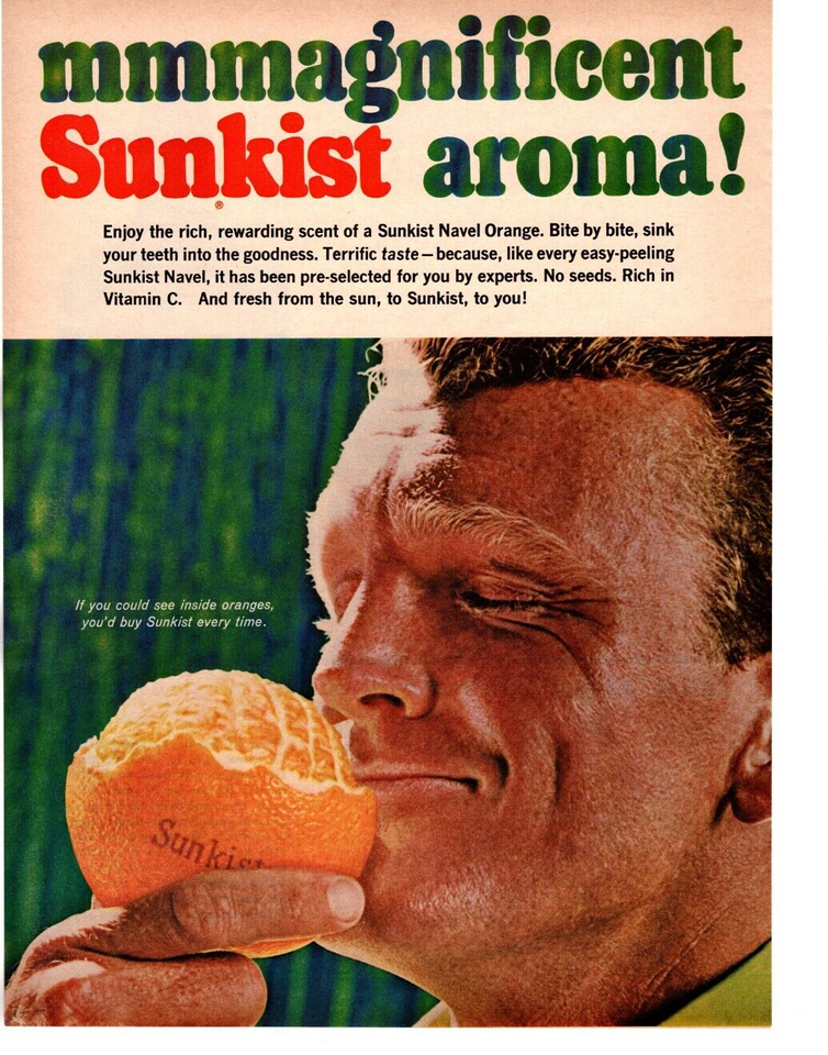 1964 SUNKIST NAVEL ORANGES PRINT AD, MAN SMELLING FRUIT AROMA VINTAGE ...