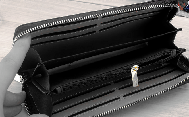 Septwolves men cow leather wallet purse zip bag Clutch pocket black ...