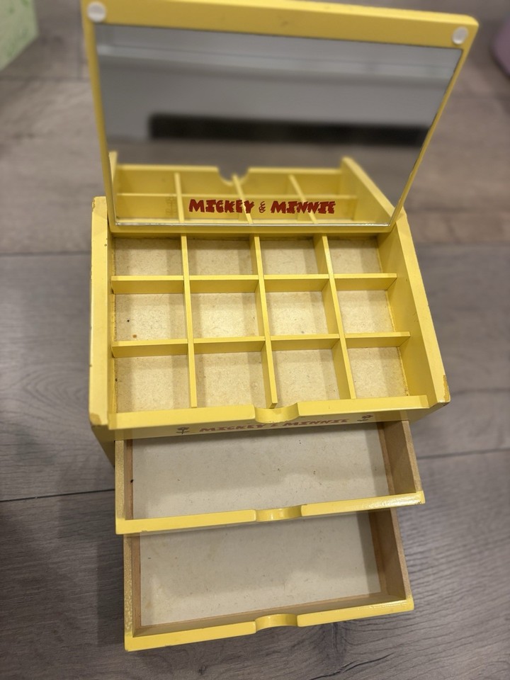 VTG Yellow Wooden Disney Mickey and Minnie Mouse Jewelry Box/Organizer ...