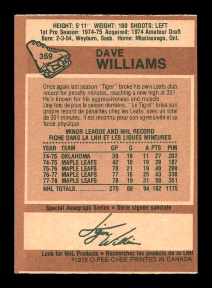 1978 O-Pee-Chee #359 Tiger Williams EXMT+ X3295687 | eBay