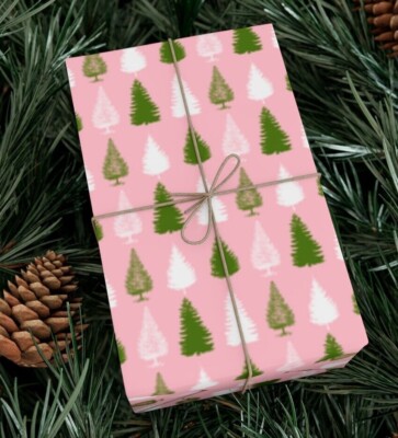 Pink Christmas Tree Wrapping Paper Roll, Pretty Pink Winter Gift Wrap ...