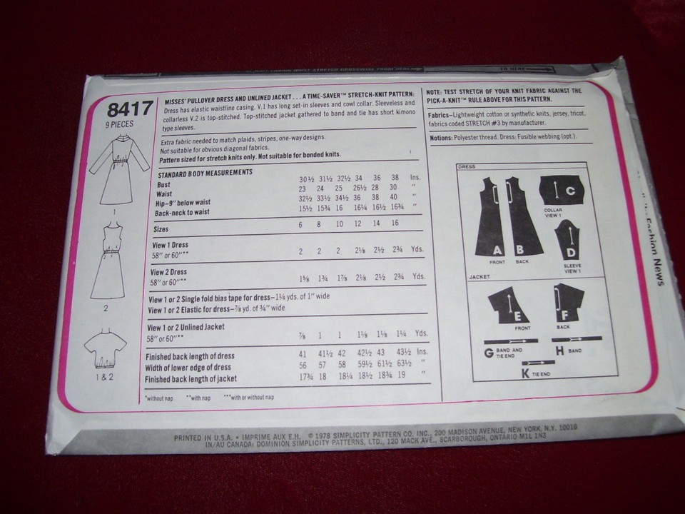 UNCIRCULATED 1978 SIMPLICITY #8417-LADIES PULLOVER DRESS & JACKET ...