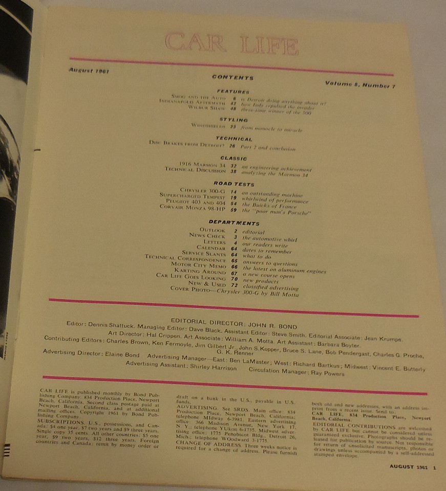 1961 auto Car Life Complete Automotive magazine August Supercharged ...
