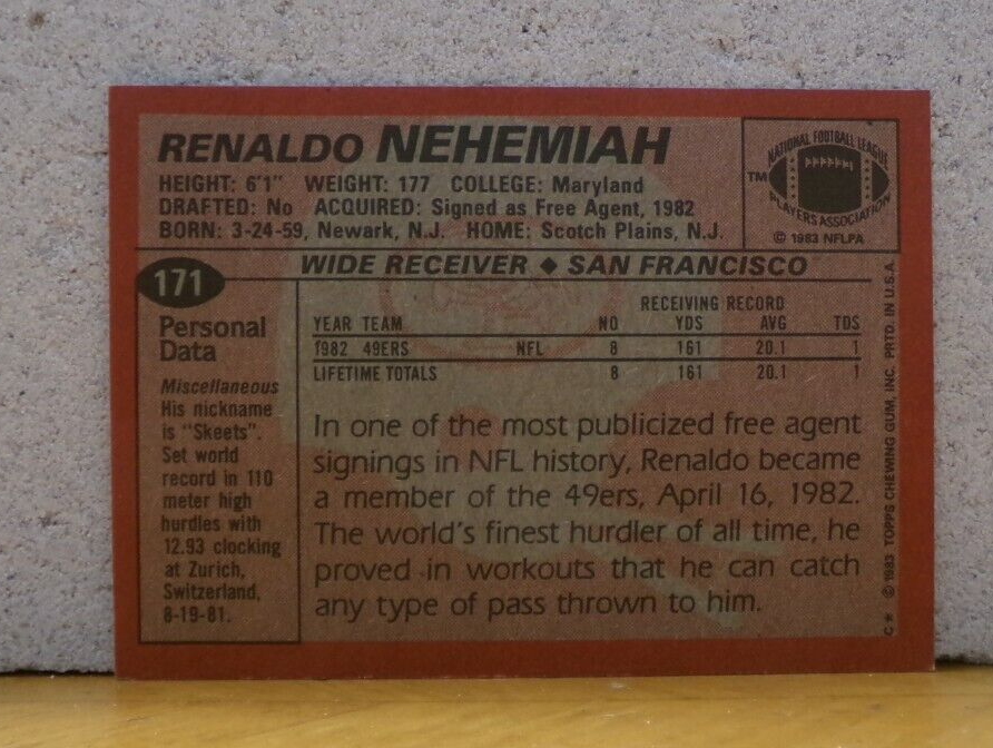 AUCTION 549 - FOOTBALL CARD VINTAGE TOPPS 1983 49ERS RENALDO NEHEMIAH ...
