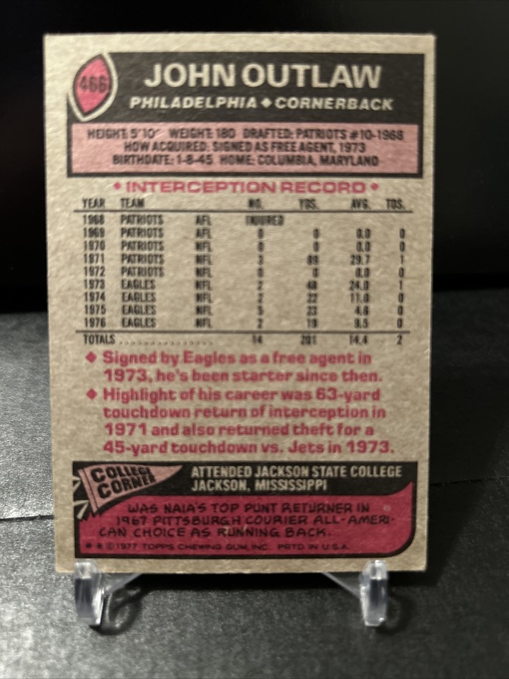 1977 Topps John Outlaw Philadelphia Eagles #466 | eBay