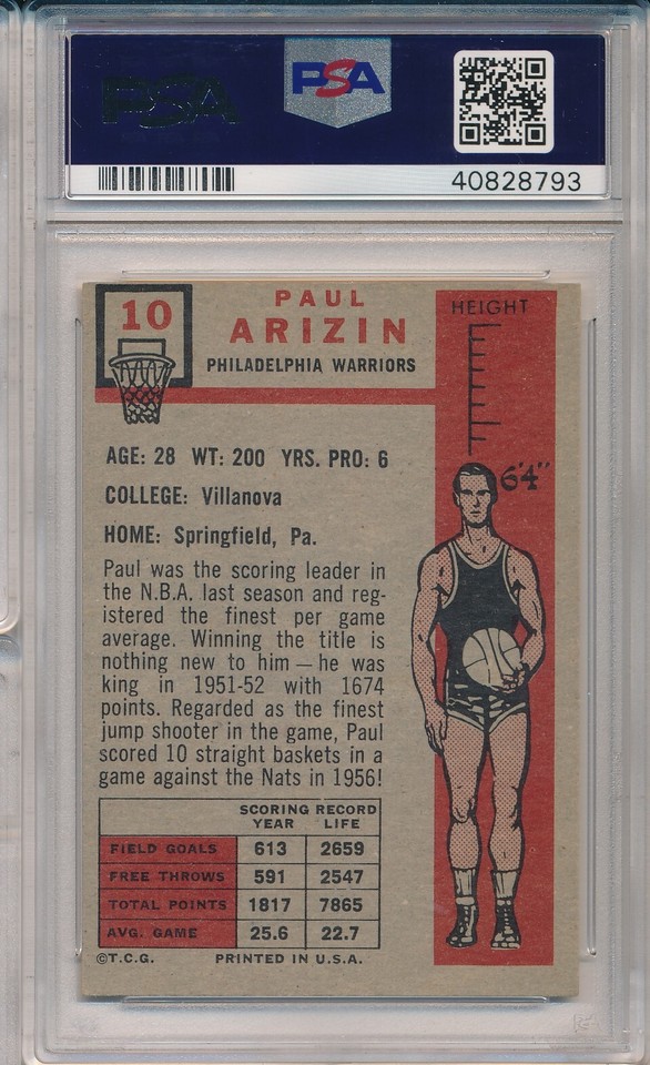 1957 TOPPS #10 PAUL ARIZIN ROOKIE - PSA 4 VG-EX (SVSC) | eBay