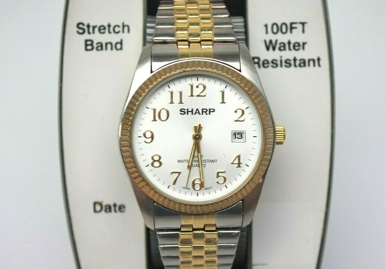 Sharp Quartz Silver/gold Stretch Band Watch W/ Date 100ft Water ...