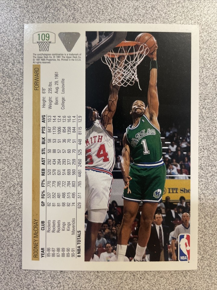 1991-92 Upper Deck Rodney McCray Autographed Card #109 Dallas Mavericks ...