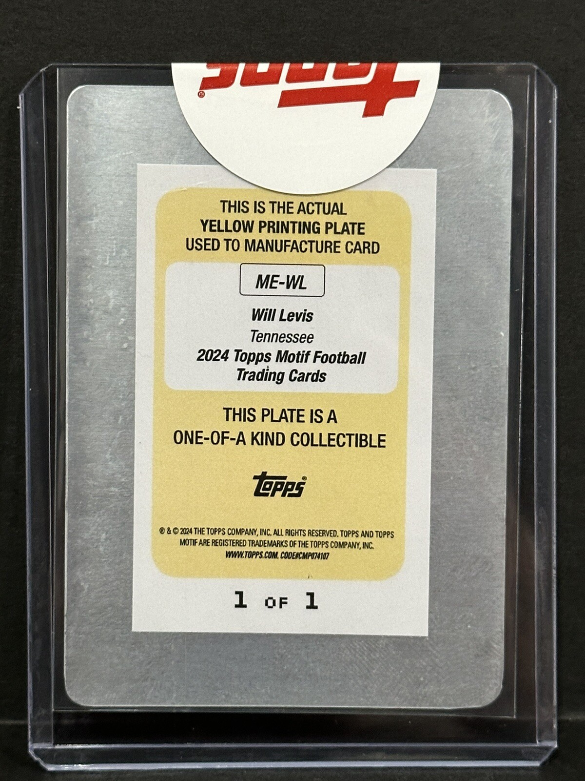 2024 Topps Motif Football RC Will Levis Endorsements Printing Plate 1/1 ...
