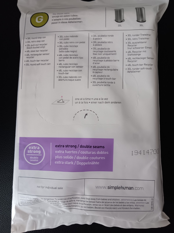 NEW Simplehuman Code G Custom Fit Liners Drawstring Trash 20 Bags 30L 8 ...