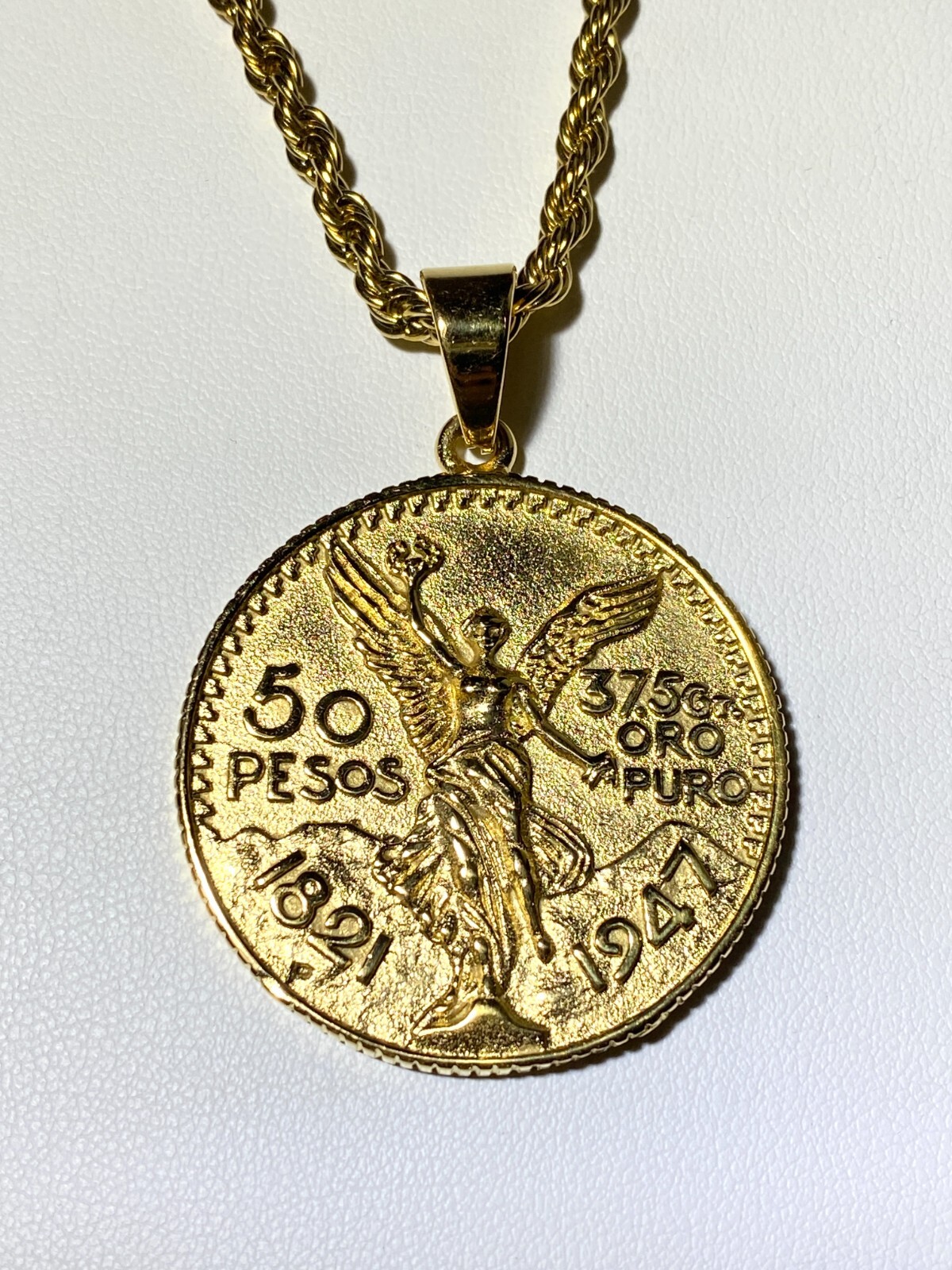 Mexico PESOS COIN Pendant Men Women 14k Gold Finish Pendant Charm Rope ...